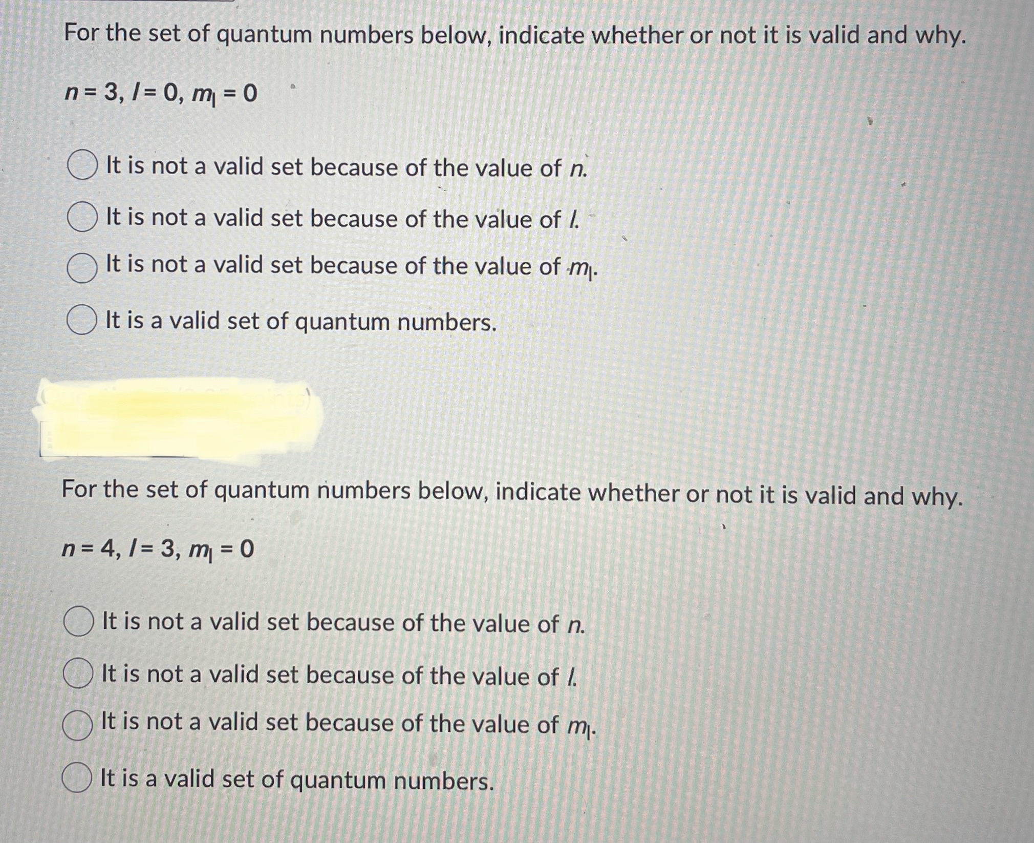 Solved For the set of quantum numbers below, indicate | Chegg.com