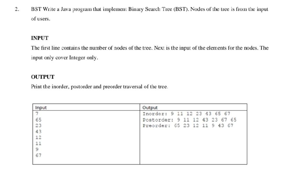 Solved 2. BST Write a Java program that implement Binary | Chegg.com