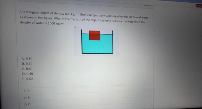 Solved A rectangular object of density 800 kg/m3 floats and | Chegg.com