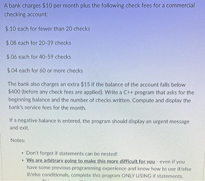 Solved A bank charges $10 per month plus the following check | Chegg.com