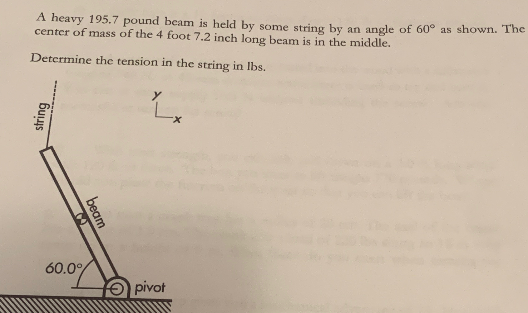 Solved A heavy 195.7 ﻿pound beam is held by some string by | Chegg.com