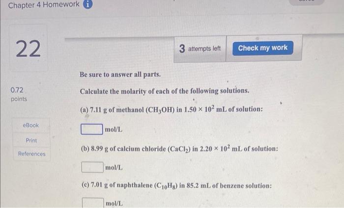 Solved Be sure to answer all parts. Calculate the molarity | Chegg.com