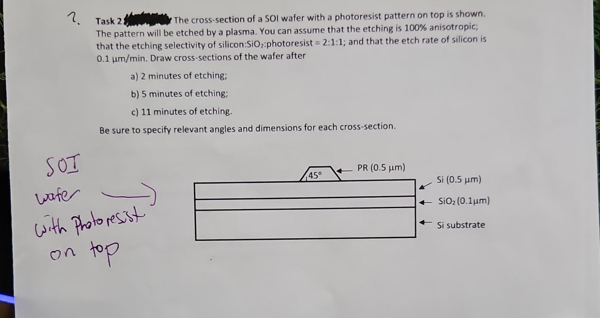 Solved 2. Task 2 The cross-section of a SOI wafer with a | Chegg.com