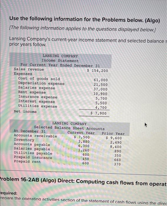 Solved Use the following information for the Problems below. | Chegg.com