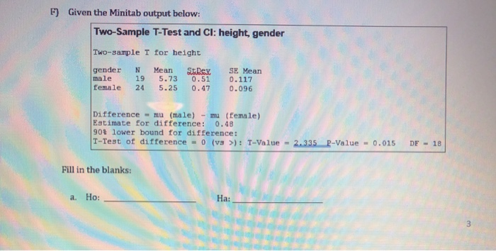 Solved F) Given the Minitab output below: Two-Sample T-Test | Chegg.com