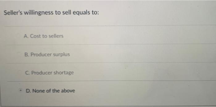 Solved Seller's willingness to sell equals to: A Cost to | Chegg.com