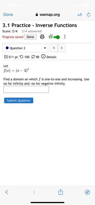 Solved Done wamap.org AA 3.1 Practice - Inverse Functions | Chegg.com