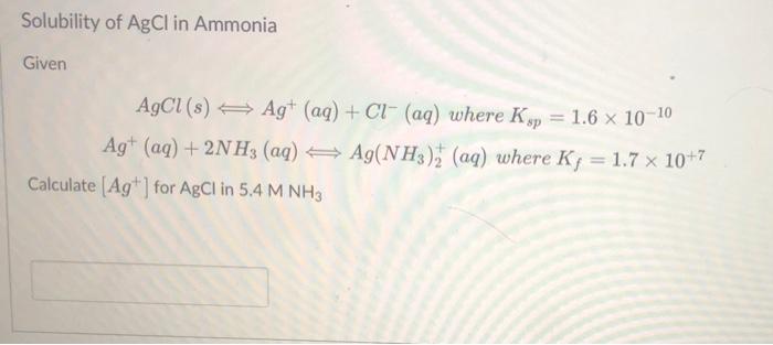 Solved Solubility of AgCl in Ammonia Given AgCl(s) Ag+ (aq) | Chegg.com