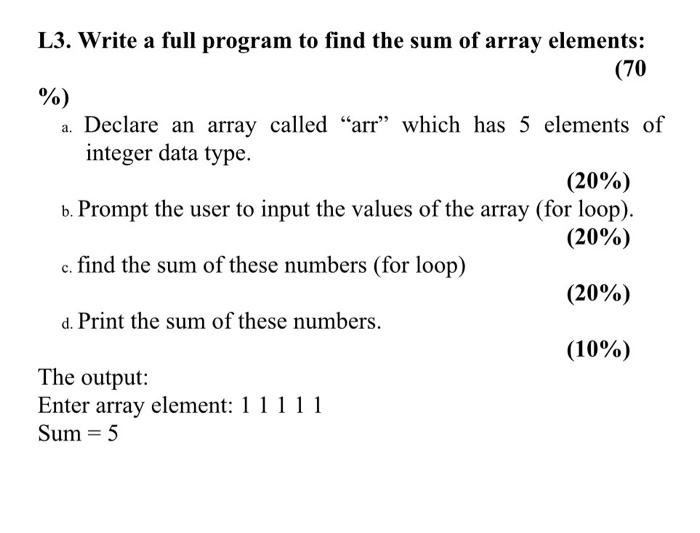 Solved L3 Write A Full Program To Find The Sum Of Array 