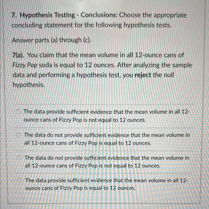 Solved 7. Hypothesis Testing - Conclusions: Choose the | Chegg.com