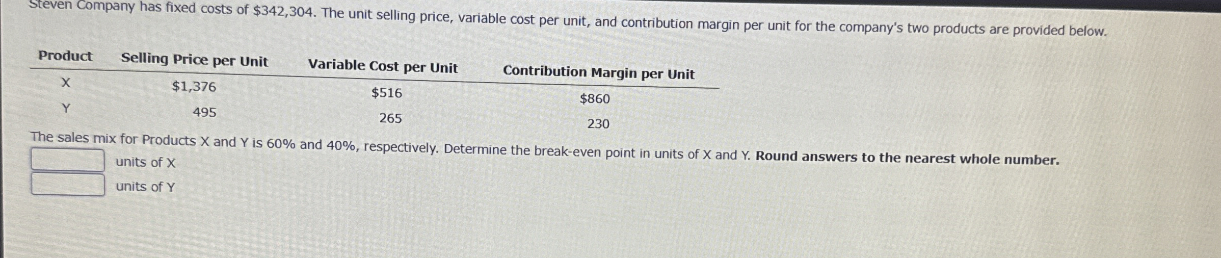 Solved Steven company has fixed costs of $342,304. ﻿The unit | Chegg.com