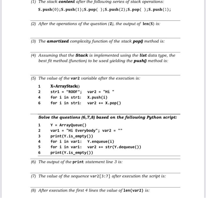 Solved (1) The stack content after the following series of | Chegg.com