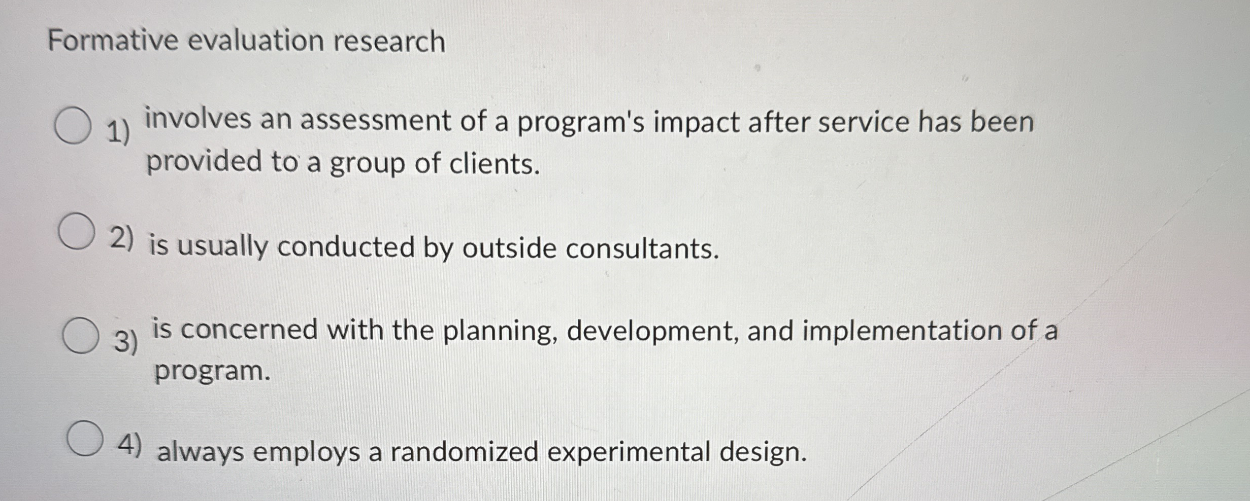 Solved Formative evaluation researchinvolves an assessment | Chegg.com