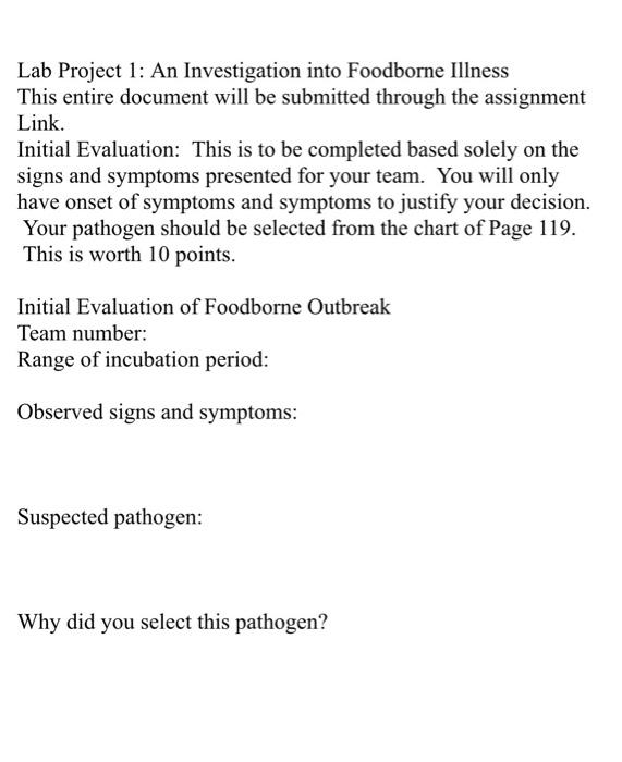 LAB PROJECT ONE An Investigation into Foodborne | Chegg.com