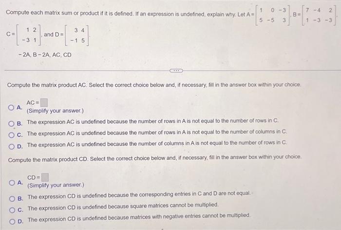 Solved Compute each matrix sum or product if it is defined. | Chegg.com