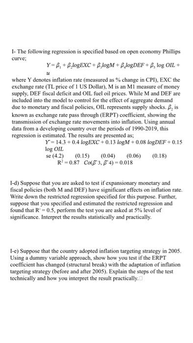 Solved I- The following regression is specified based on | Chegg.com