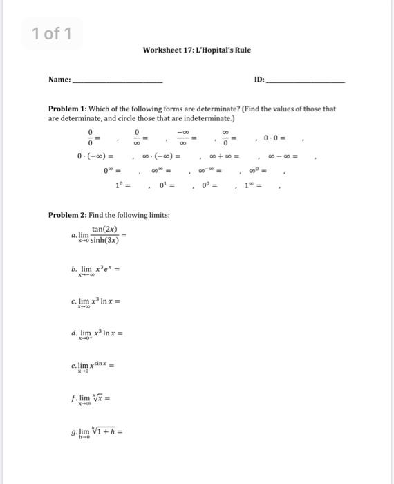 L'hopital's Rule Worksheet With Answers