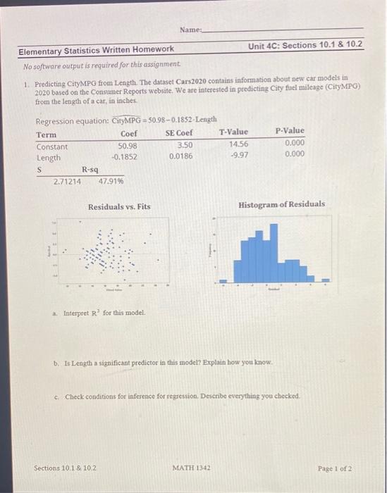 Solved 1. Predicting CityMPG from Length. The dataset Cars | Chegg.com