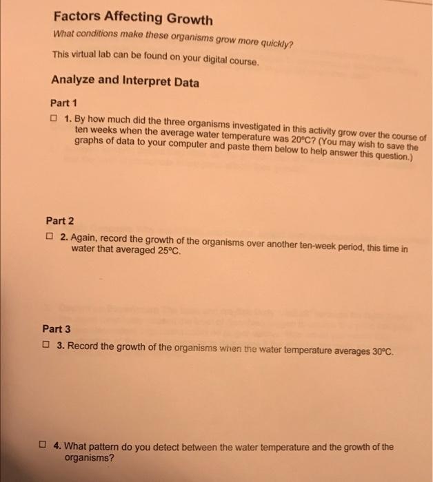 Factors Affecting Growth What conditions make these | Chegg.com