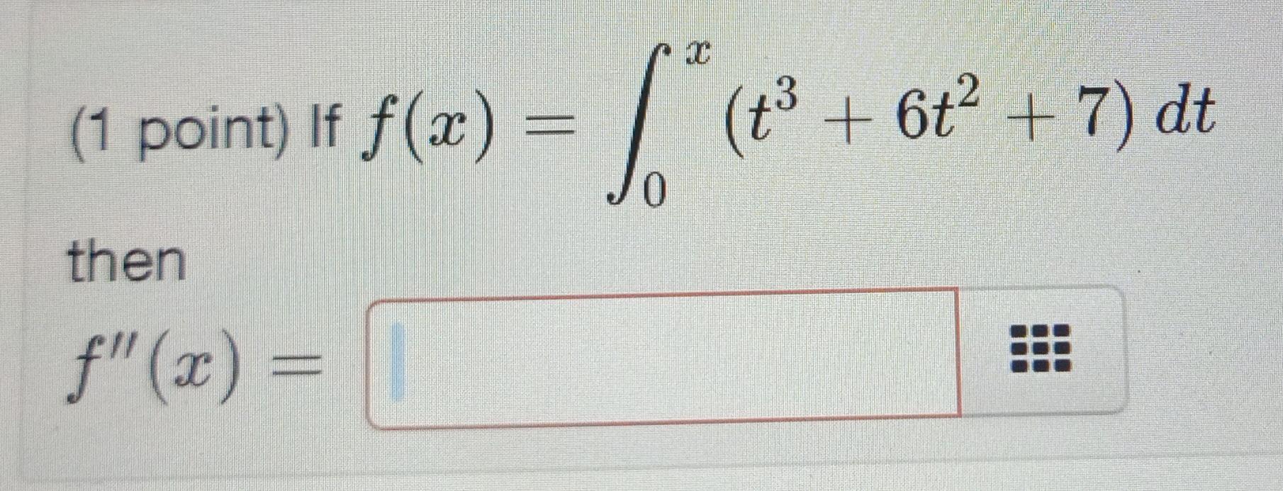 Solved f(x)=∫0x(t3+6t2+7)dt | Chegg.com