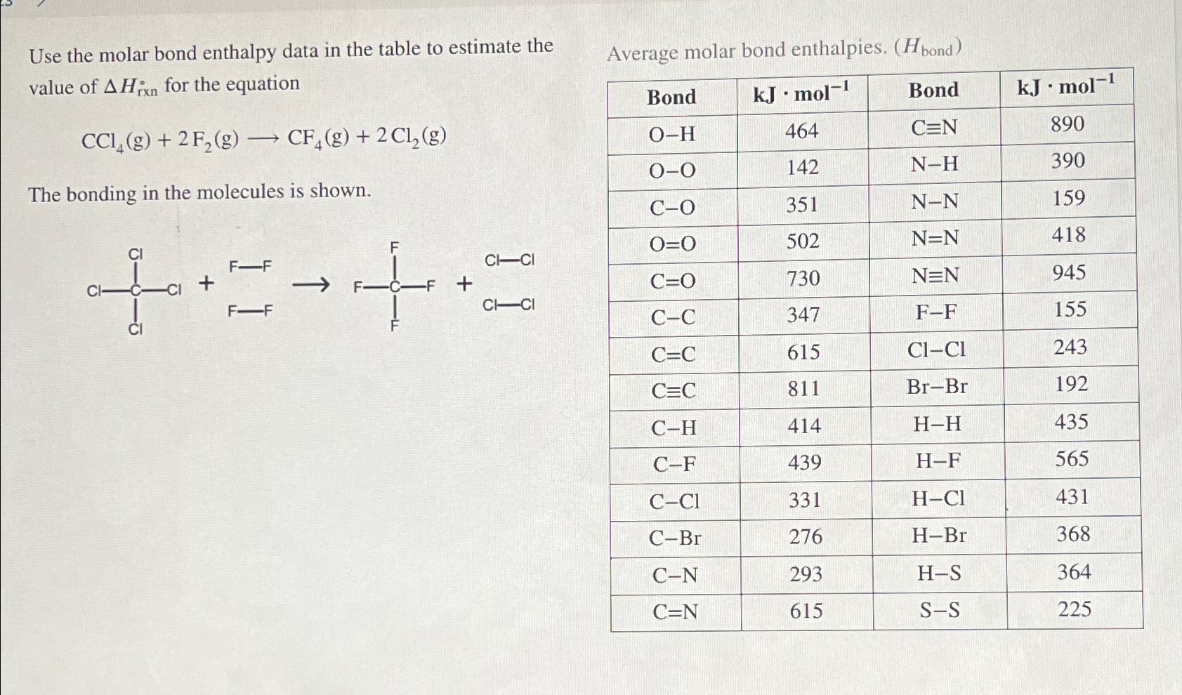 Solved Use The Molar Bond Enthalpy Data In The Table To