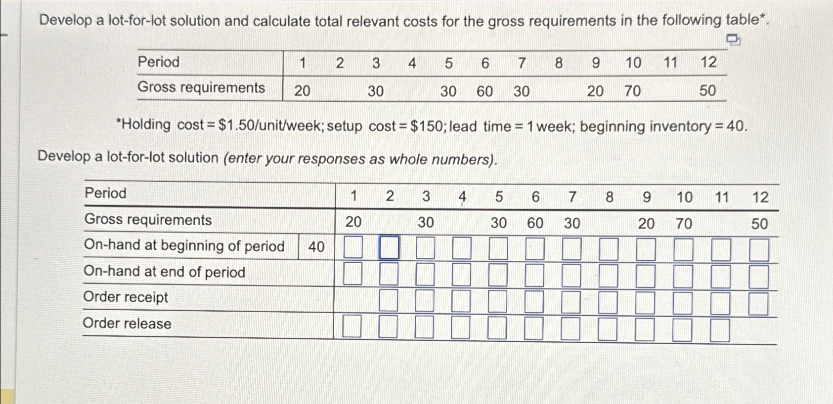 Solved Develop a lot-for-lot solution and calculate total | Chegg.com