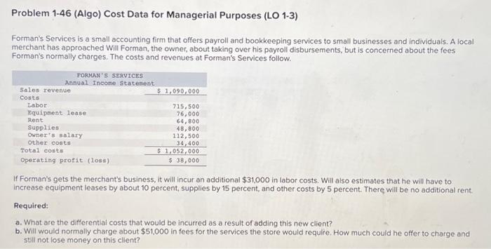 Solved Problem 1-46 (Algo) Cost Data for Managerial Purposes | Chegg.com