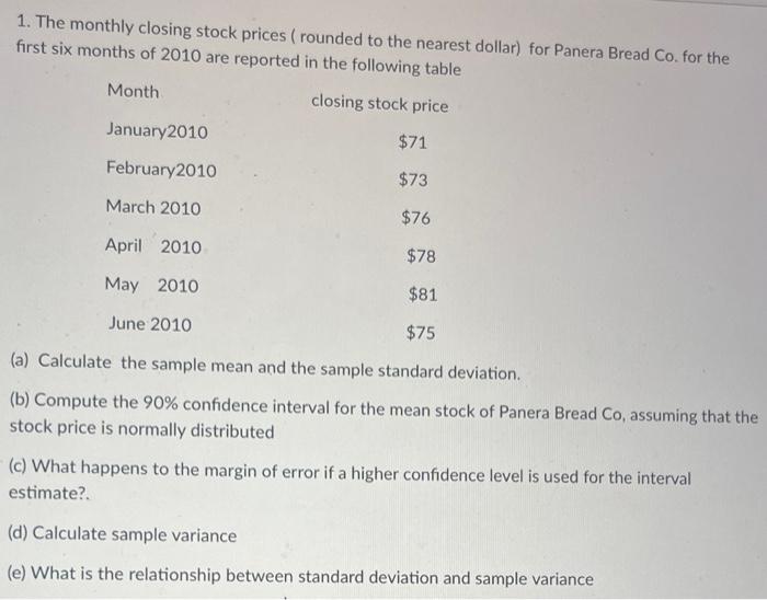 Solved 1. The monthly closing stock prices ( rounded to the | Chegg.com