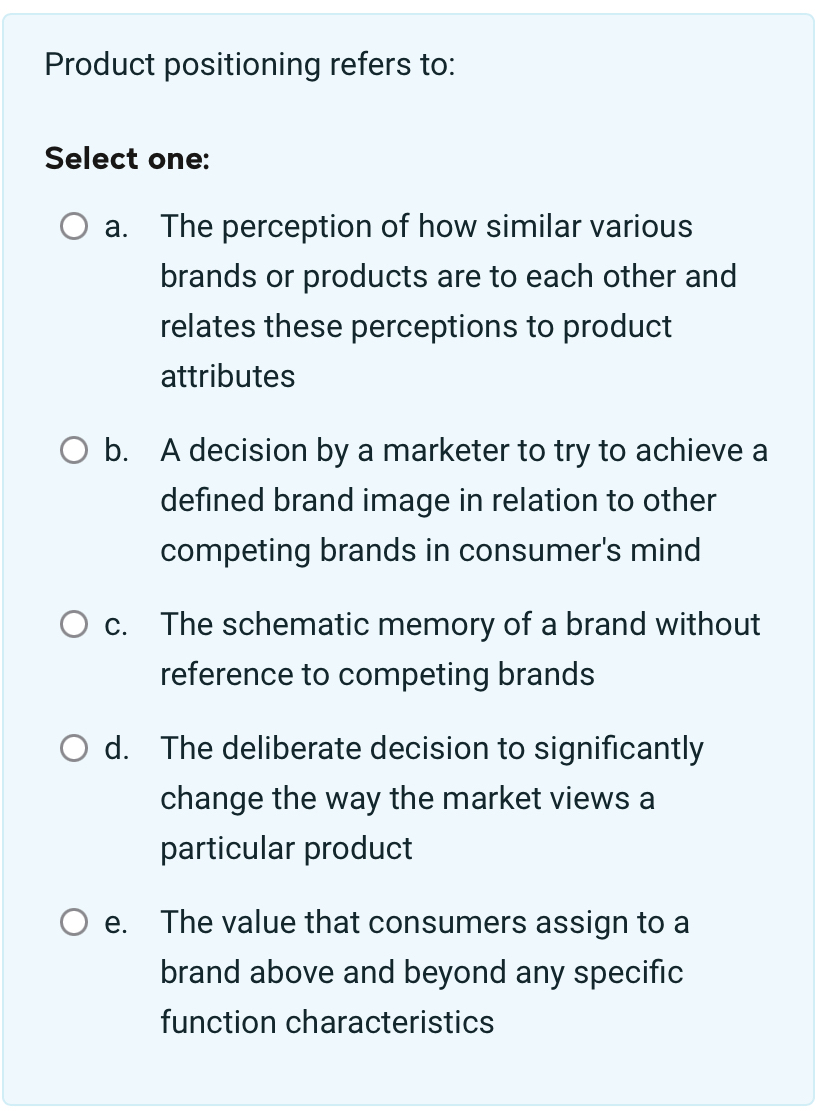 Solved Product positioning refers to:Select one:a. ﻿The | Chegg.com