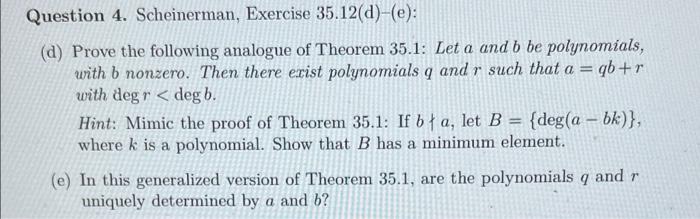 Solved Question 4. Scheinerman, Exercise 35.12(d)-(e): (d) | Chegg.com Solved Question 4. Scheinerman, Exercise 35.12(d)-(e): (d) | Chegg.com