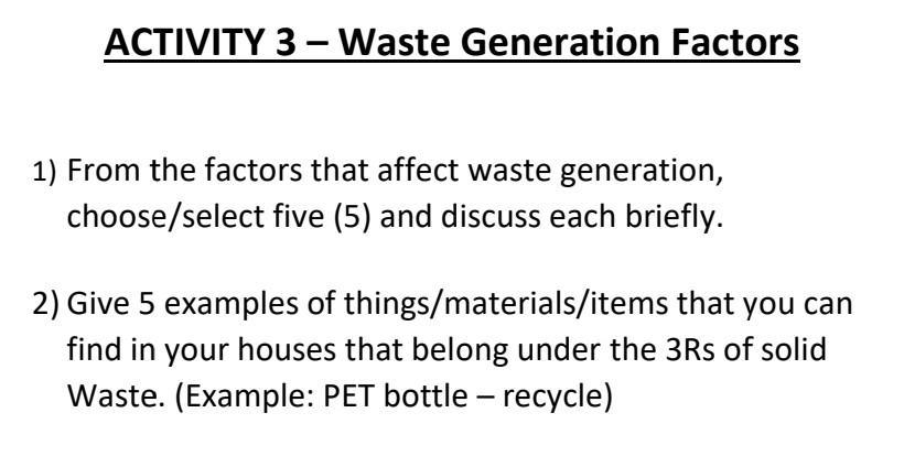 Solved ACTIVITY 3 - Waste Generation Factors 1) From the | Chegg.com