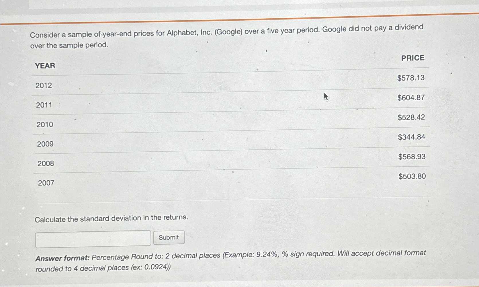 Solved Consider a sample of year-end prices for Alphabet, | Chegg.com
