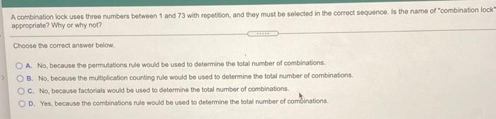 Solved A combination lock uses three numbers between 1 and | Chegg.com