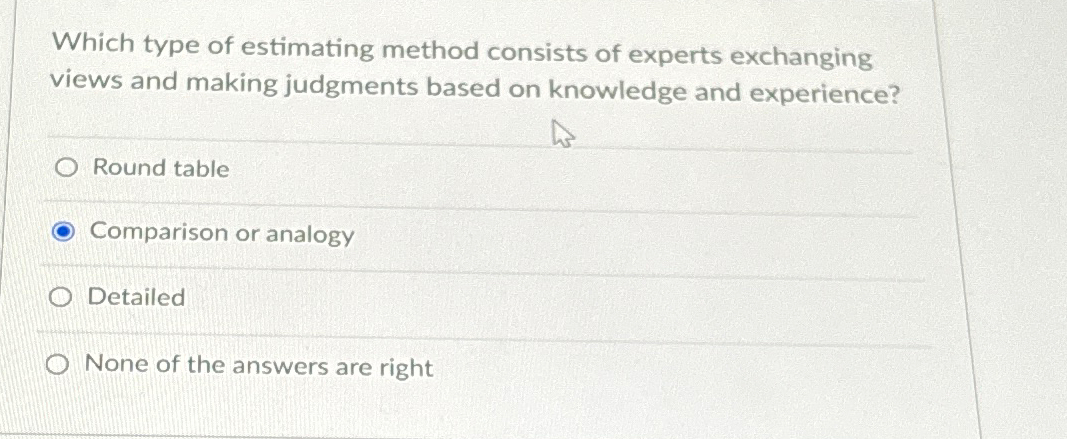 Solved Which type of estimating method consists of experts | Chegg.com