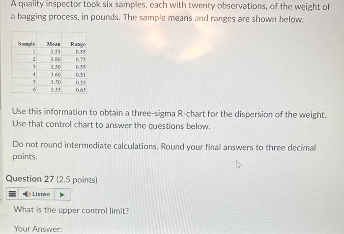Solved determine the upper control limit , lower control | Chegg.com