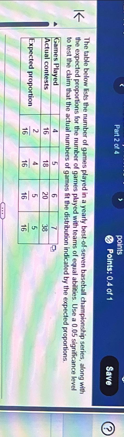 Solved Part 2 ﻿of 4pointsPoints: 0.4 ﻿of 1SaveThe table | Chegg.com