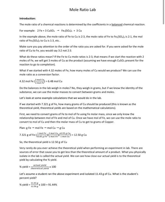Solved Mole Ratio Lab molte Introduction: The mole ratio of | Chegg.com