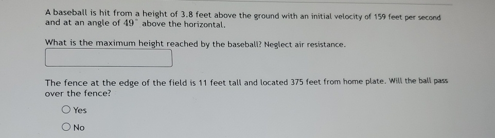 Solved A baseball is hit from a height of 3.8 ﻿feet above | Chegg.com