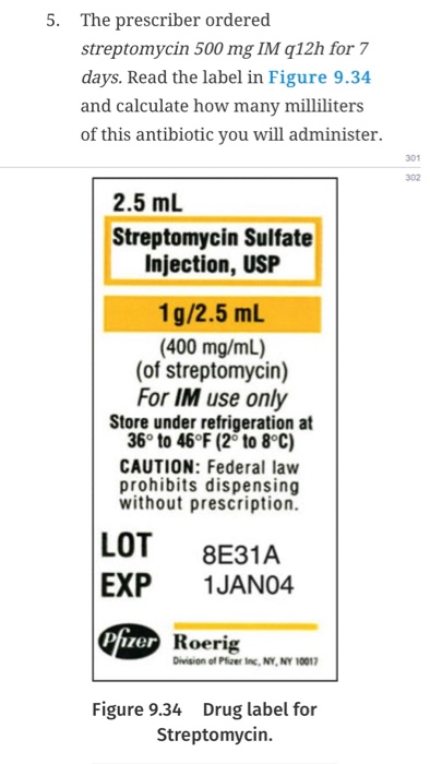 Solved 5. The prescriber ordered streptomycin 500 mg IM q12h | Chegg.com