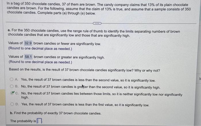 Solved d. find the probability of exactly 37 brown chocolate | Chegg.com