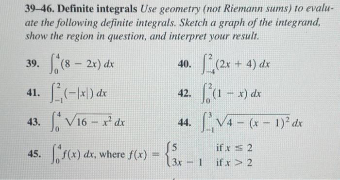 Solved 39-46. Definite integrals Use geometry (not Riemann | Chegg.com