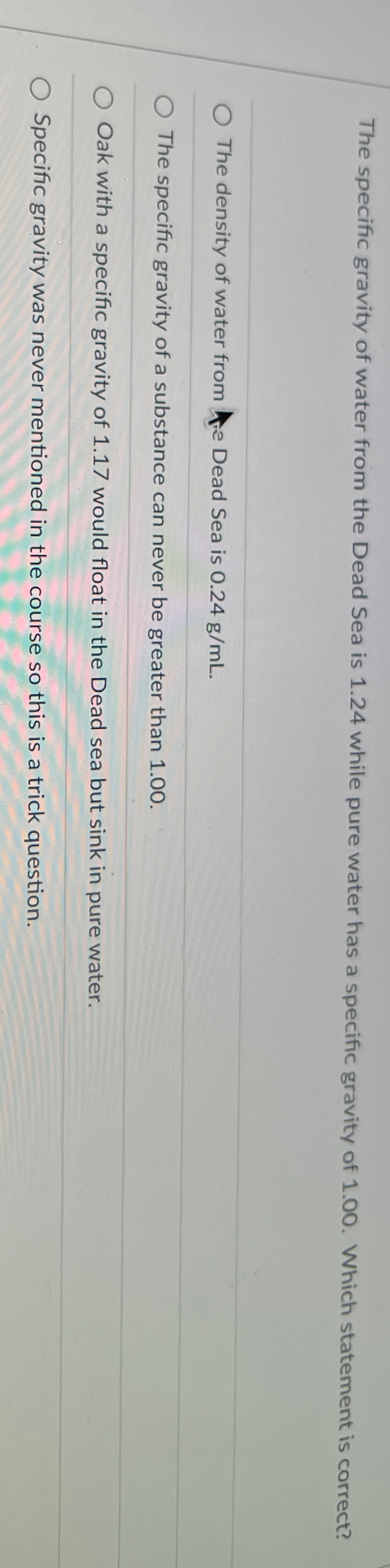 Solved The specific gravity of water from the Dead Sea is | Chegg.com