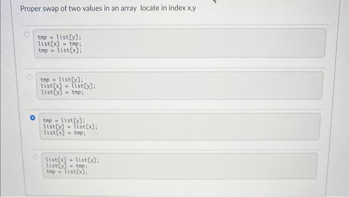 Solved Proper swap of two values in an array locate in index | Chegg.com
