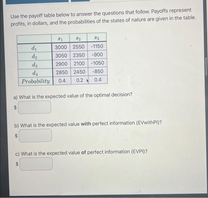 Solved Use the payoff table below to answer the questions | Chegg.com