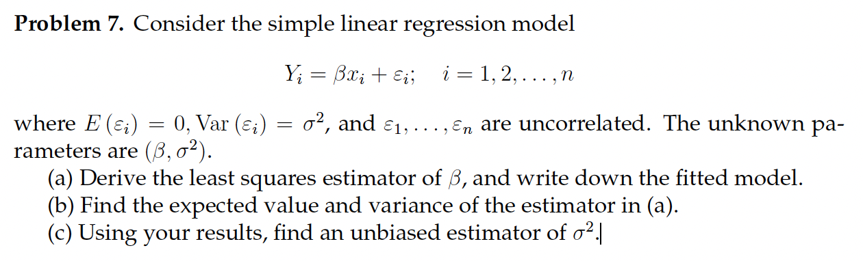 Solved Problem 7. ﻿Consider the simple linear regression | Chegg.com