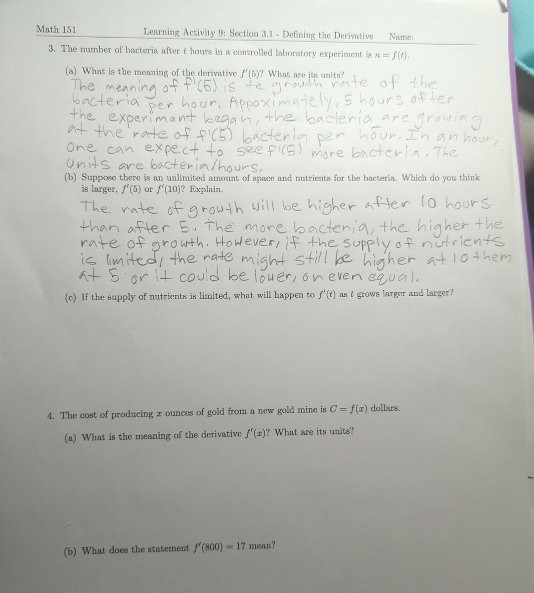 Solved Math 151Learning Activity 9: Section 3.1 - ﻿Defining | Chegg.com