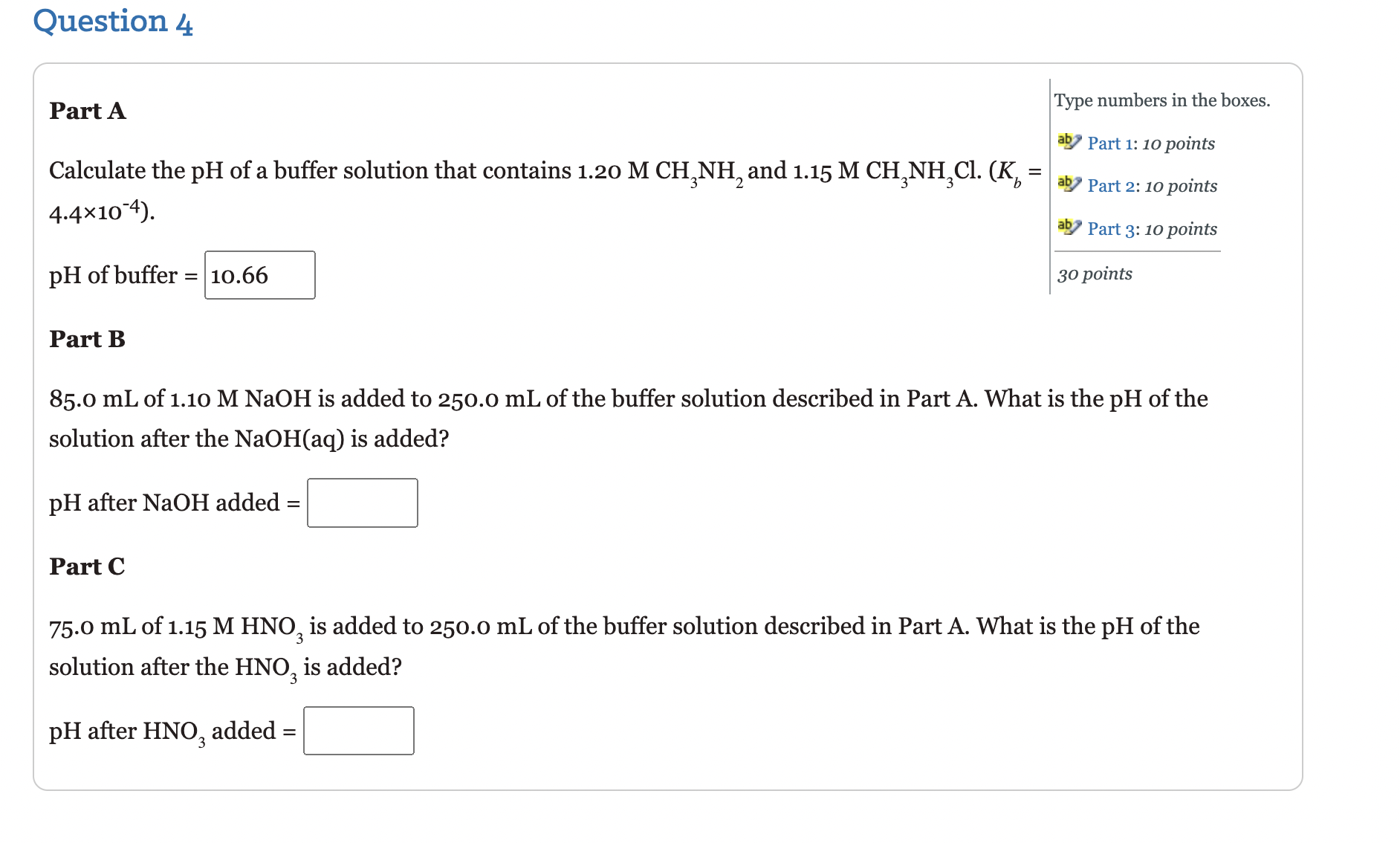 Solved Question 4Part ACalculate the pH ﻿of a buffer | Chegg.com