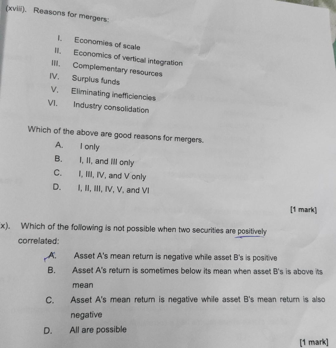 Solved xviii). Reasons for mergers: I. Economies of scale | Chegg.com