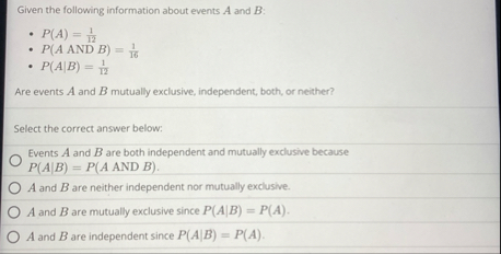 Solved Given the following information about events A and B | Chegg.com