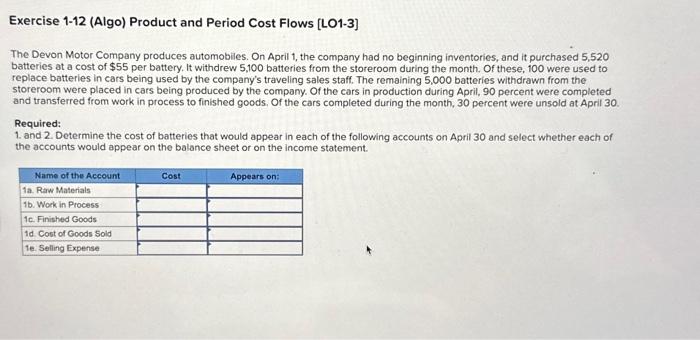 Solved Exercise 1-12 (Algo) Product and Period Cost Flows | Chegg.com